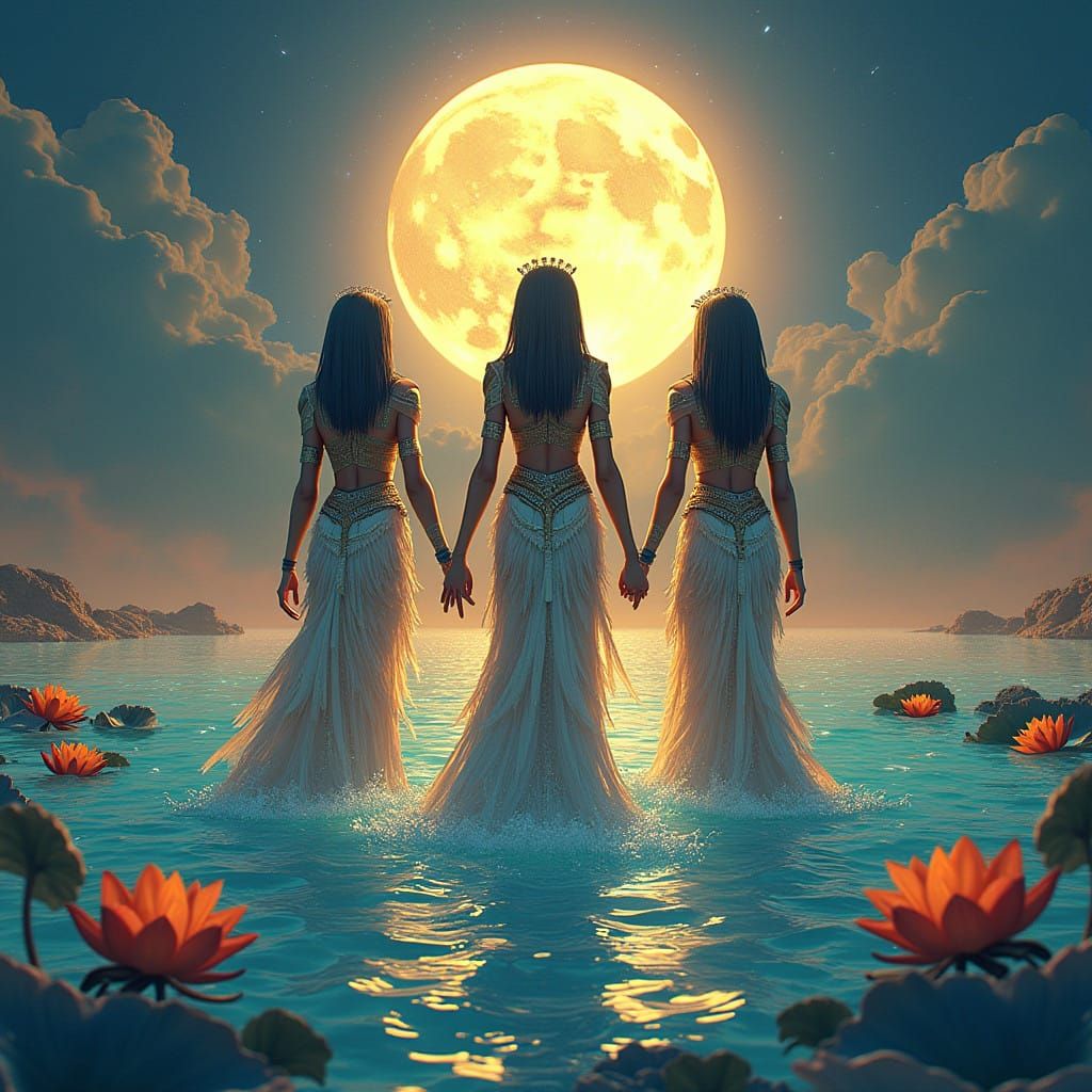 Egyptian Goddesses Rise from the Nile in Iridescen... - AI Art