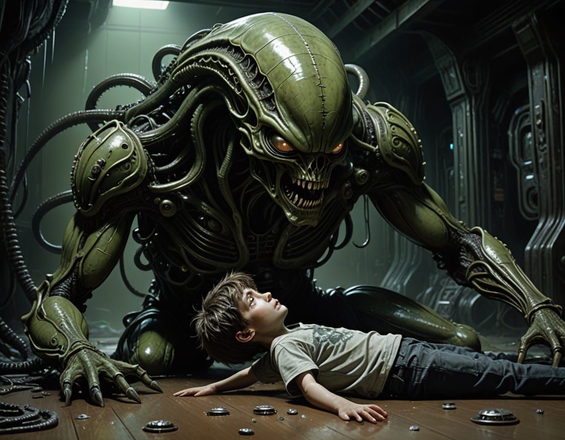 Young Boy Bound by Alien Creature in Dark, Biomech... - AI Art