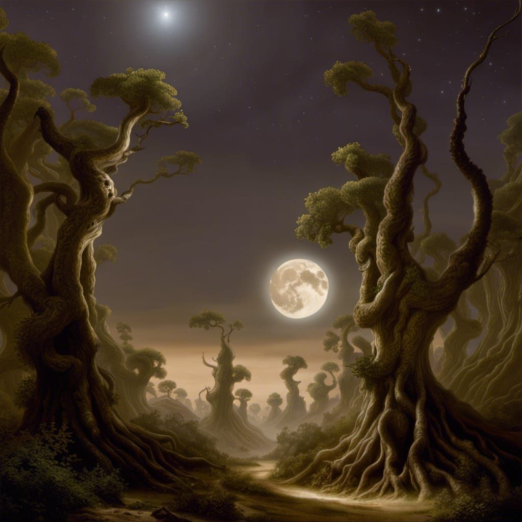 trees trunks in dancing sinuous shapes in the moonlight roberto ferri ...