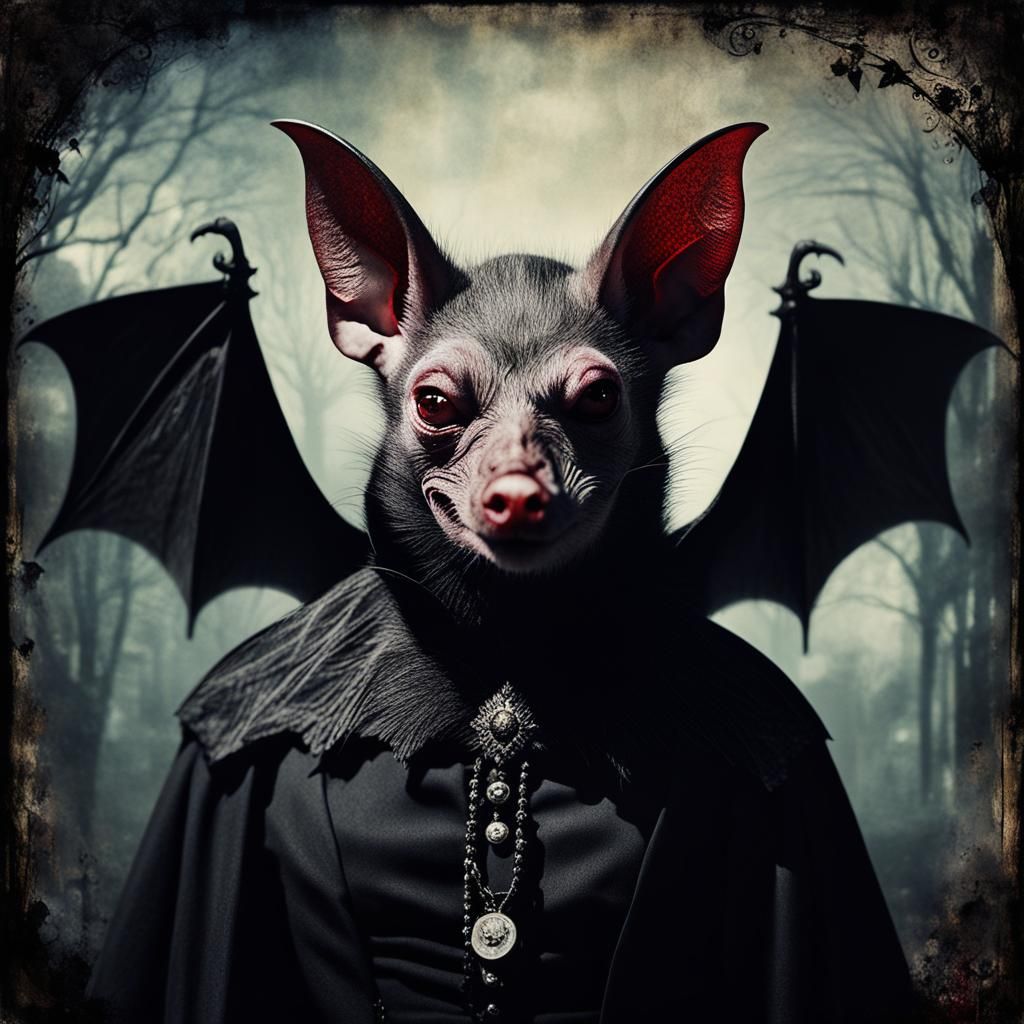 Portrait Victorian goth vampire bat, surreal, moody, mixed media ...