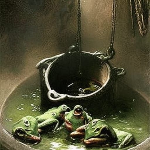 Frogs in boiling water inside a cauldron pot frogs hanging out oil ...