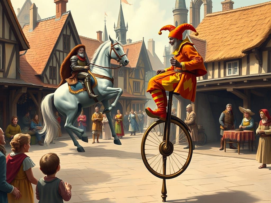 Medieval Jester's Whimsical Unicycle Act in Bustli... - AI Art