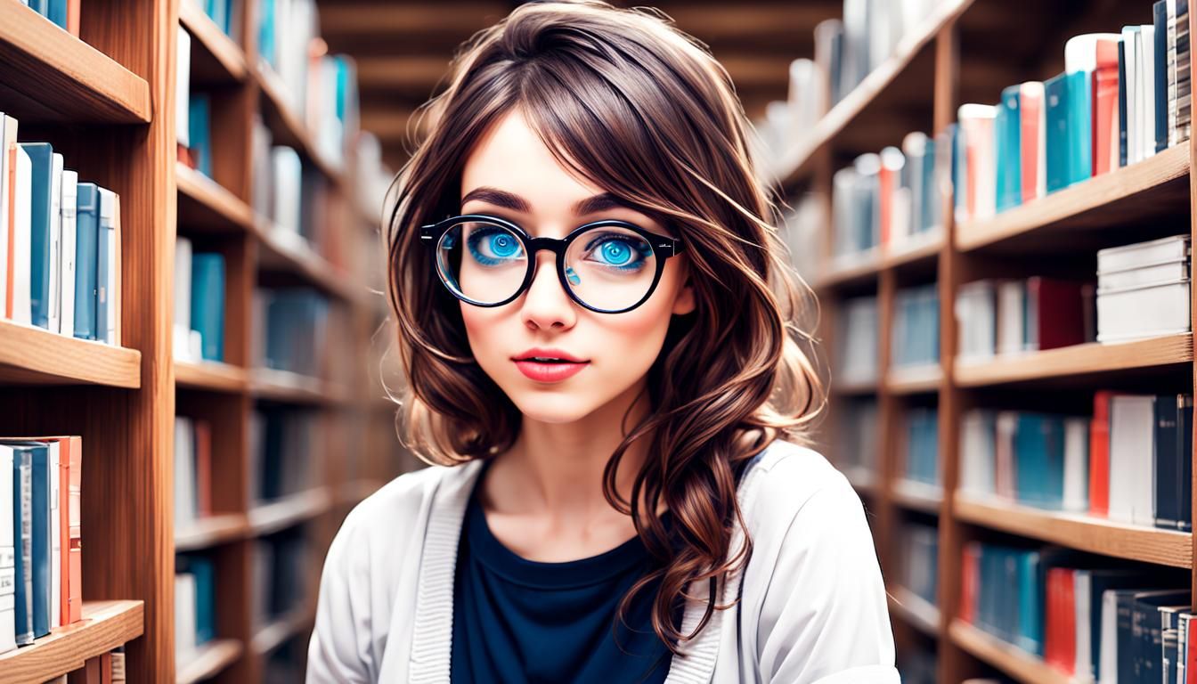 Nerdy girl with circle glasses in a library girl next door beauty with blue eyes - AI Generated ...
