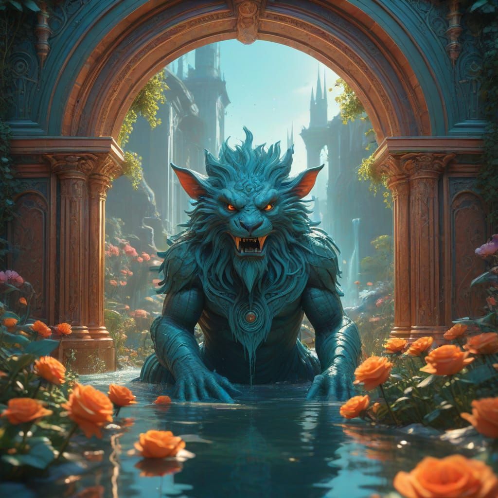 Ethereal Labyrinth Monster Unfolds in Vibrant Rose... - AI Art