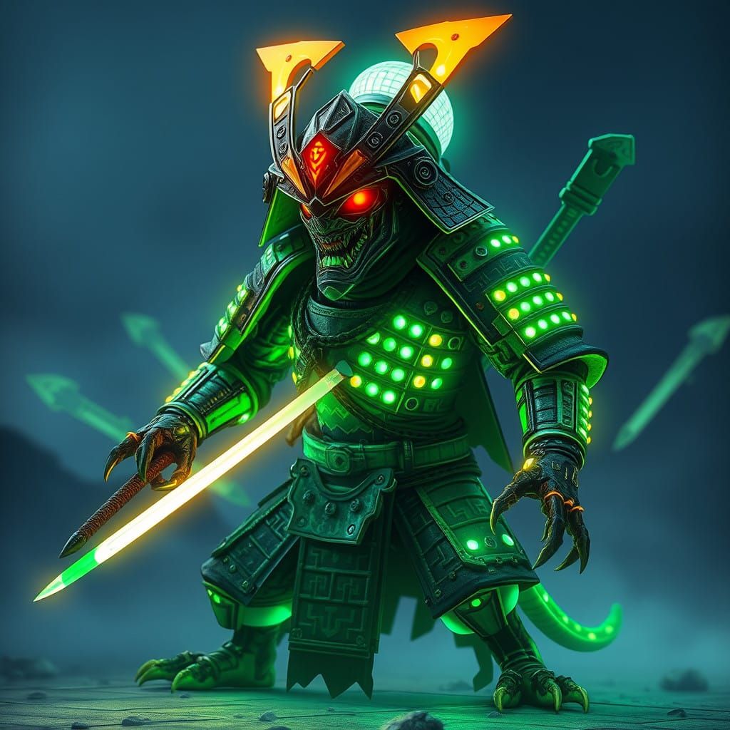 Glowing Samurai Alien in Ready Stance - AI Art