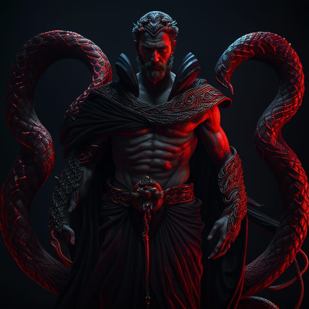 A Greek god of darkness, with a snake around his shoulders. Red and ...
