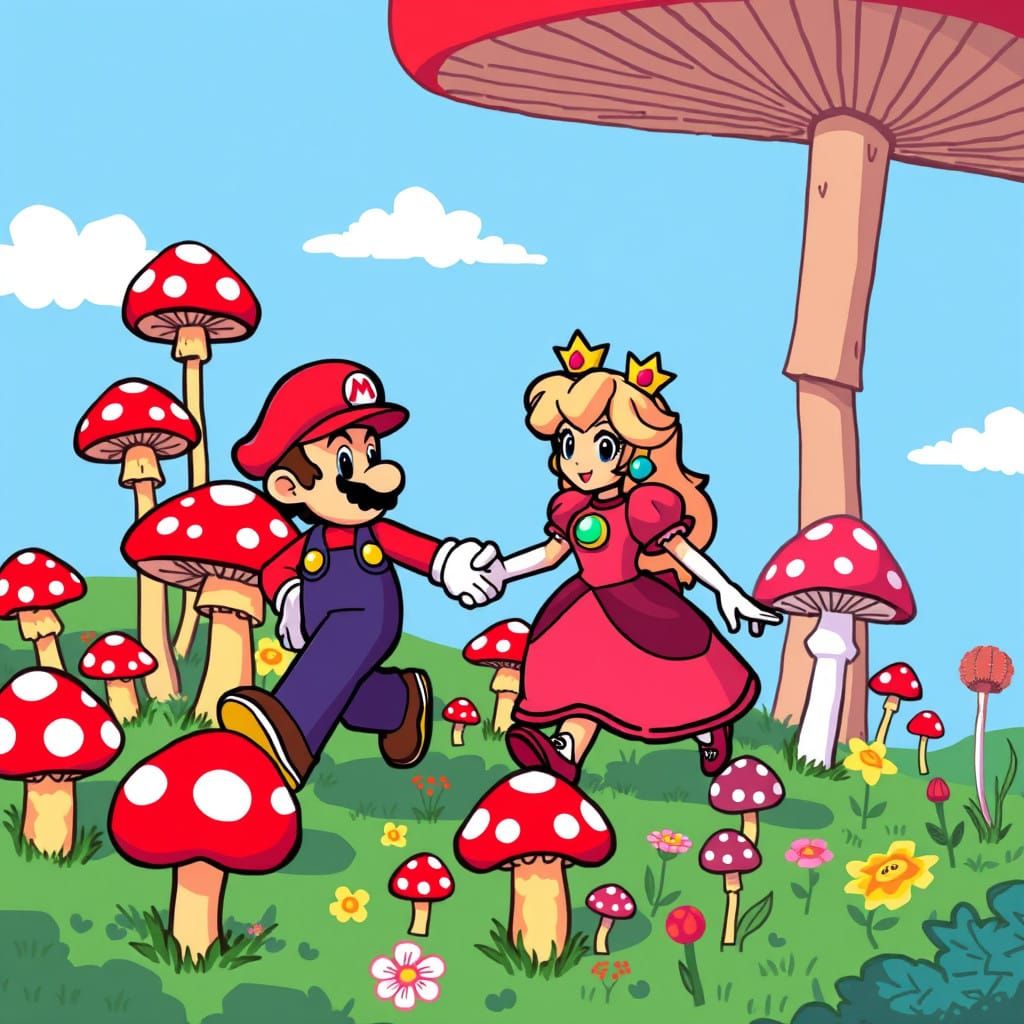 Pixelated Mario and Peach Stroll Through a Whimsic... - AI Art