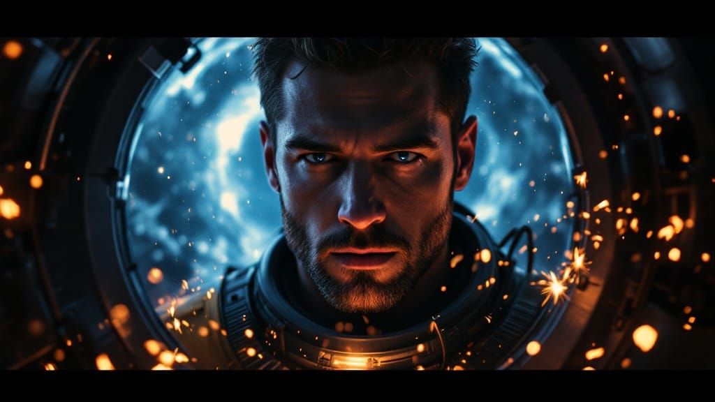 Cinematic film still. Close-up. Commander Alex Grayson floats in a ...