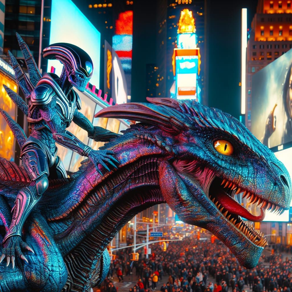 Alien riding a dragon - AI Generated Artwork - NightCafe Creator