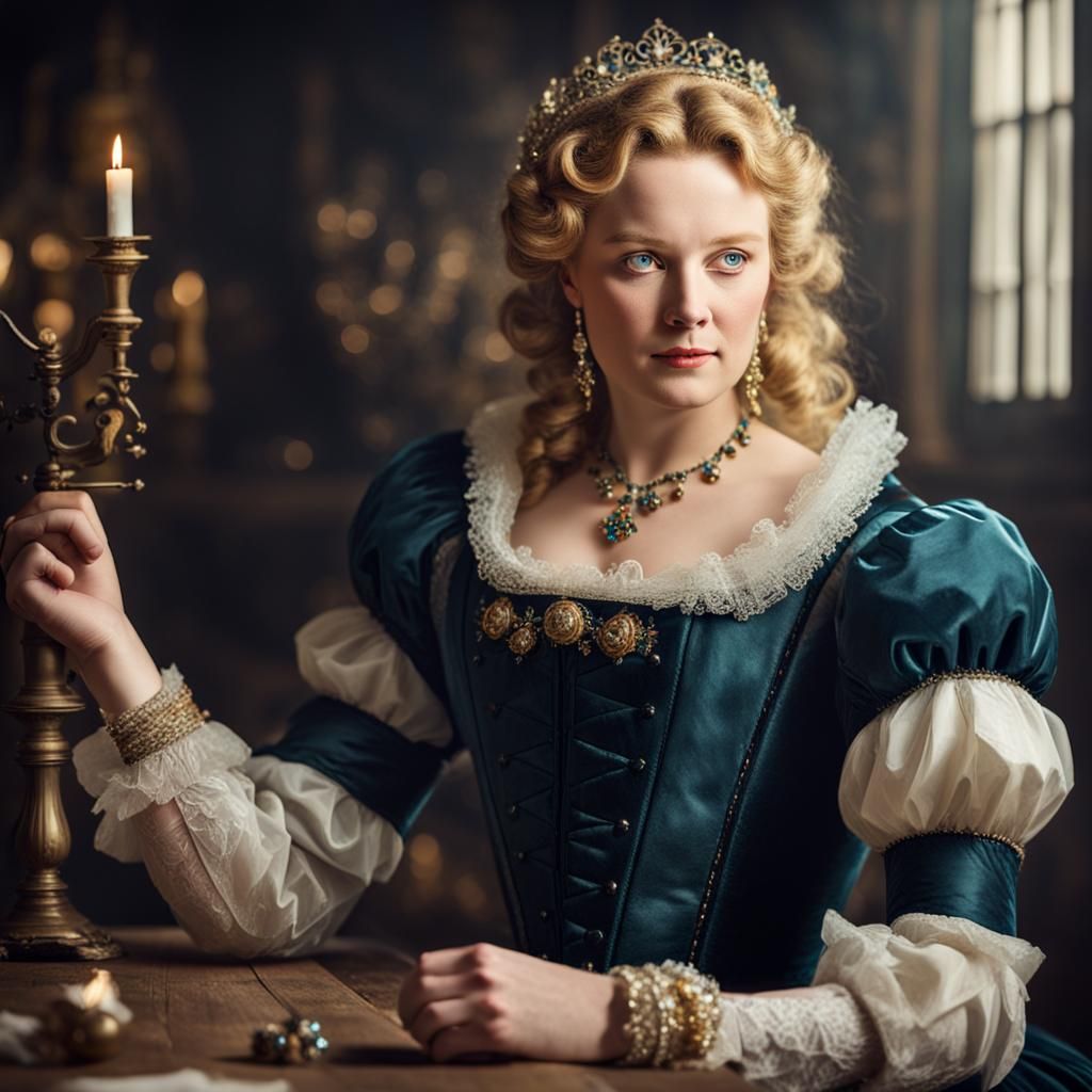 A full-figured lady in clothes of 1625 era. Blonde hair. Jewels. - AI ...