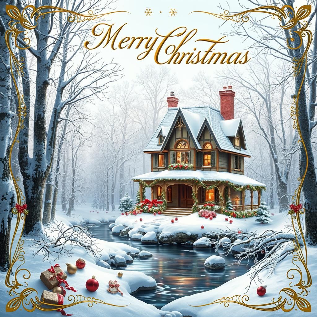 Christmas Postcard - Whimsical Winter Wonderland Scene in T...