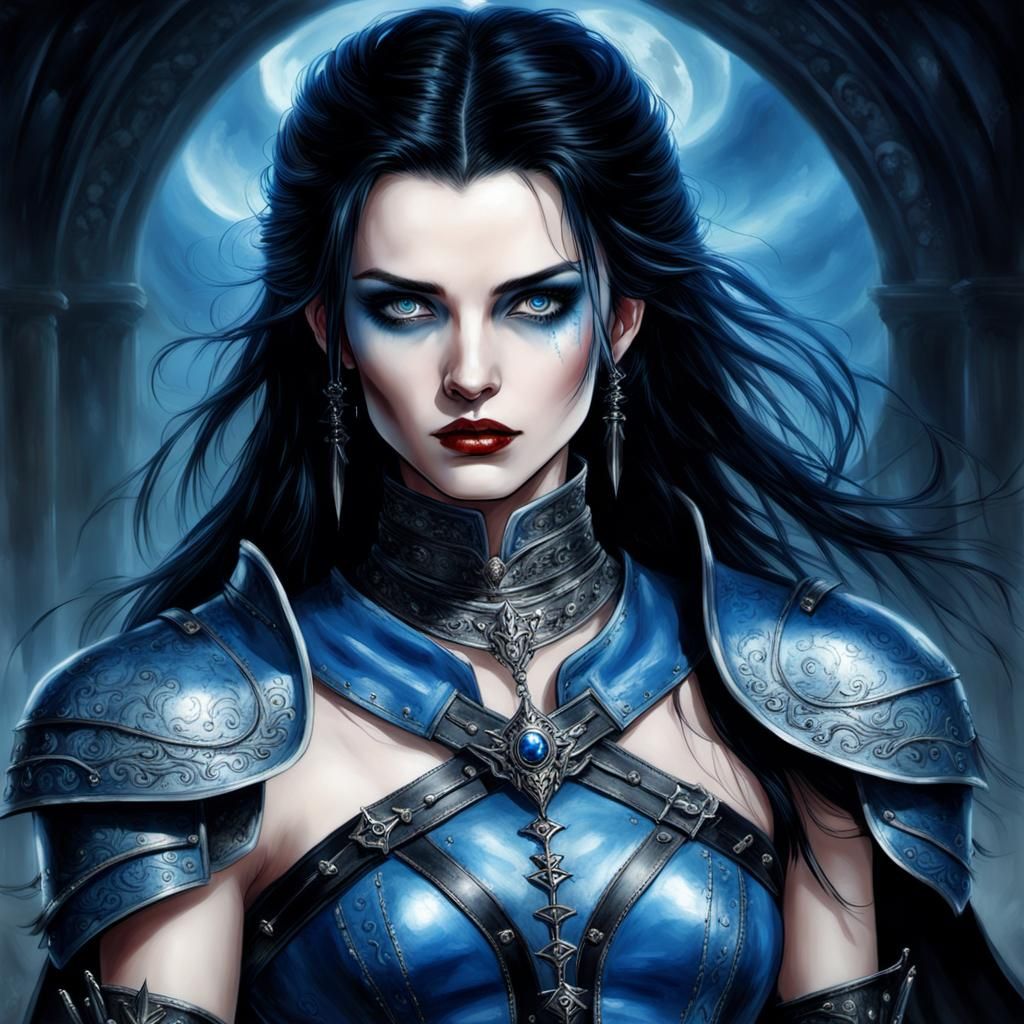 A female Beautiful Black Haired Vampire Warrior wITH with Blue Eyes in blue leather armor Luis ...