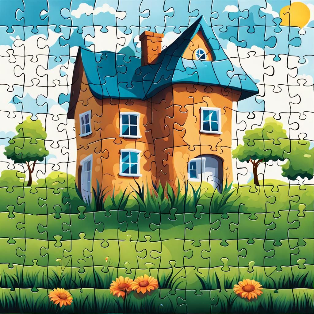 Childish Puzzle, a house and grass, childish style, large puzzle pieces ...