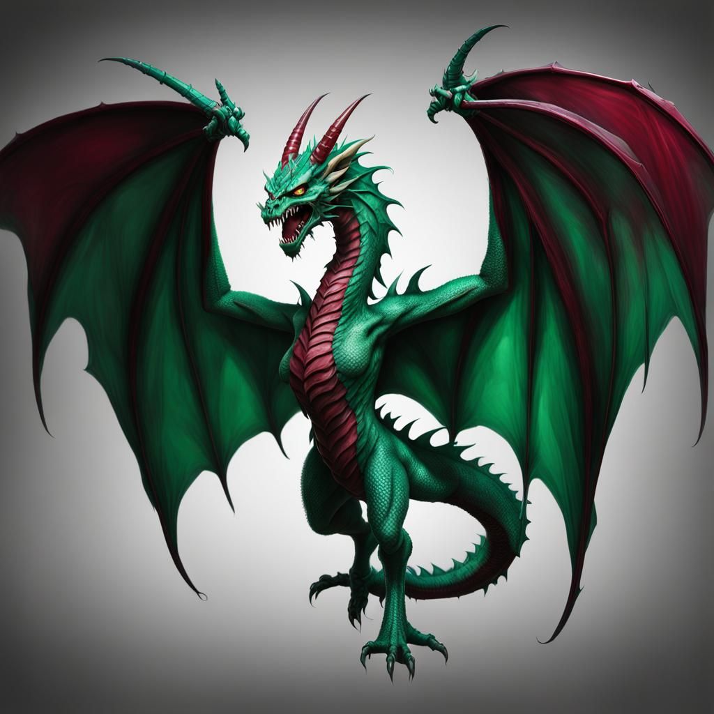 RAW photo, {subjects (Large winged emerald green and maroon zombie ...