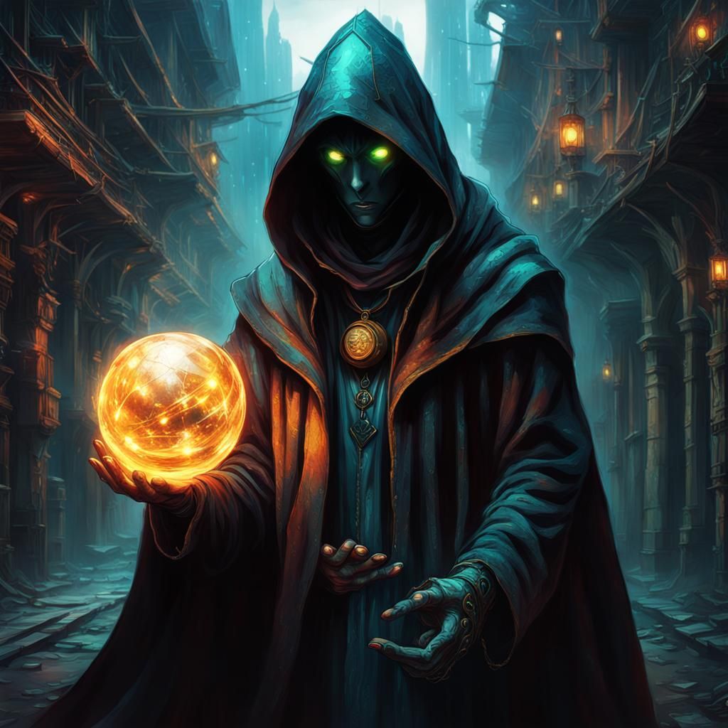arcane style; a mysterious figure wearing a hooded cloak and holding a glowing orb : dark ...