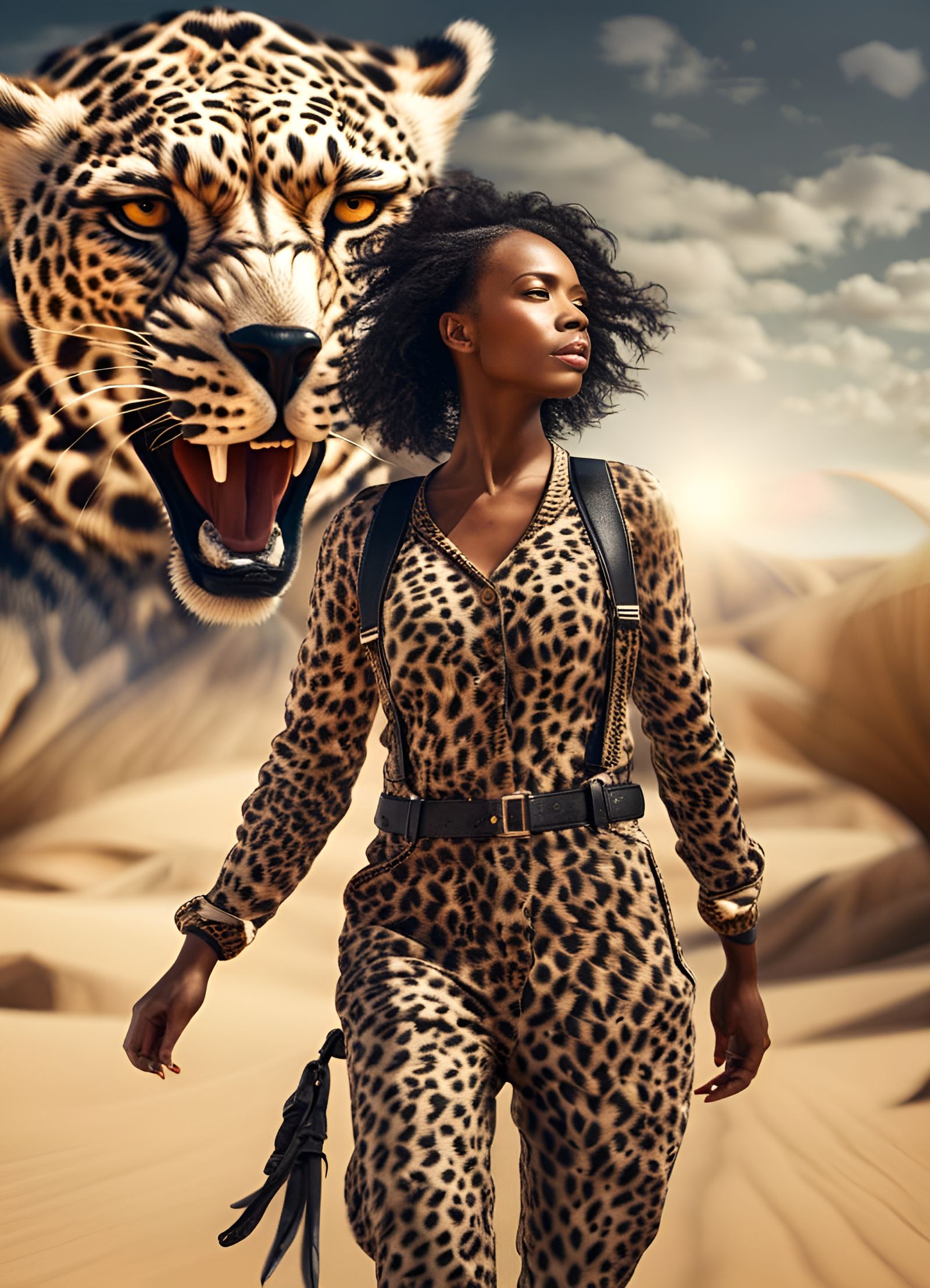 Woman wearing leopard overalls - AI Generated Artwork - NightCafe Creator