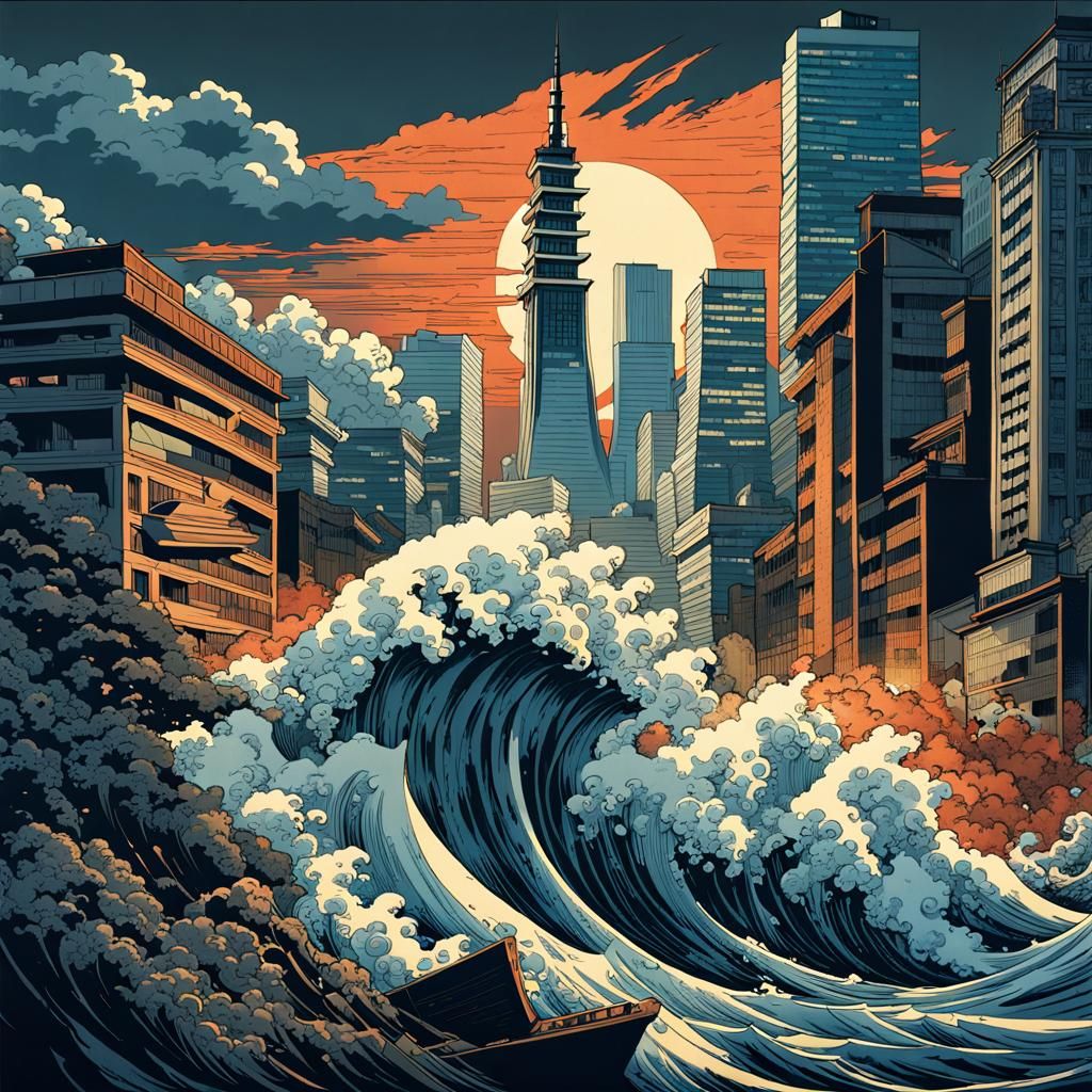 a massive tsunami wave striking and destroying a skyscraper, flooded ...