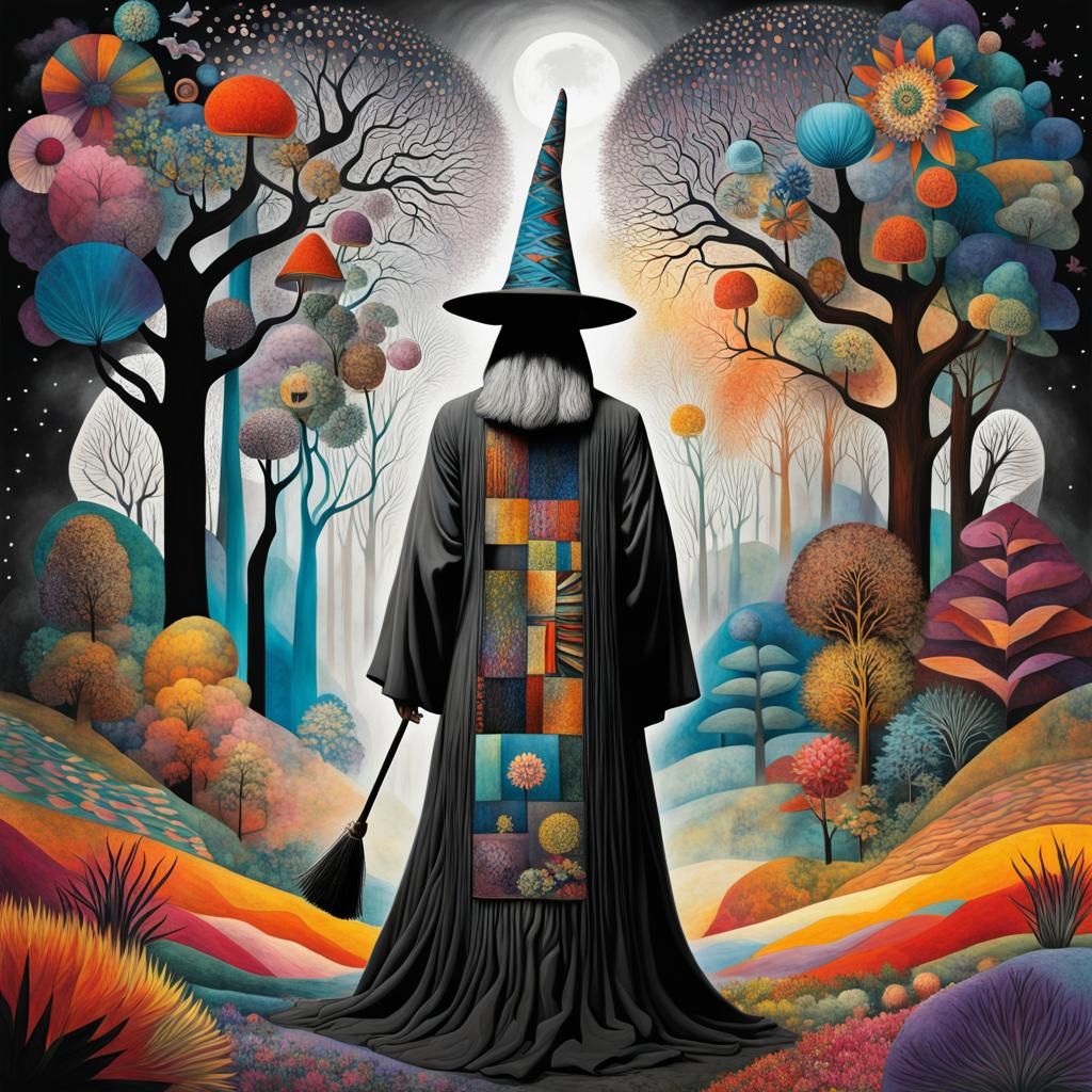 Colorful, Double Exposure Beautiful Patchwork Wizard Man with long ...