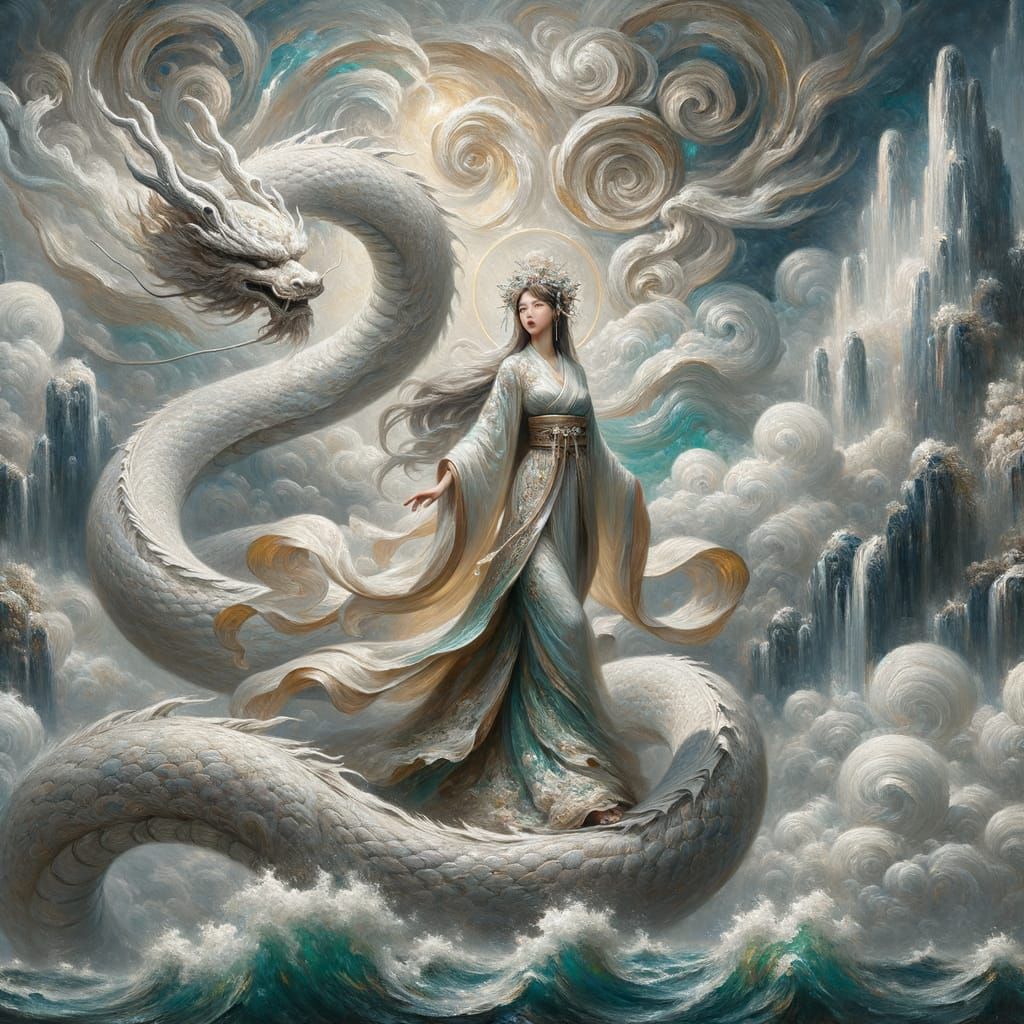 White Serpent Princess - Ethereal Hanfu Goddess in Impasto S...