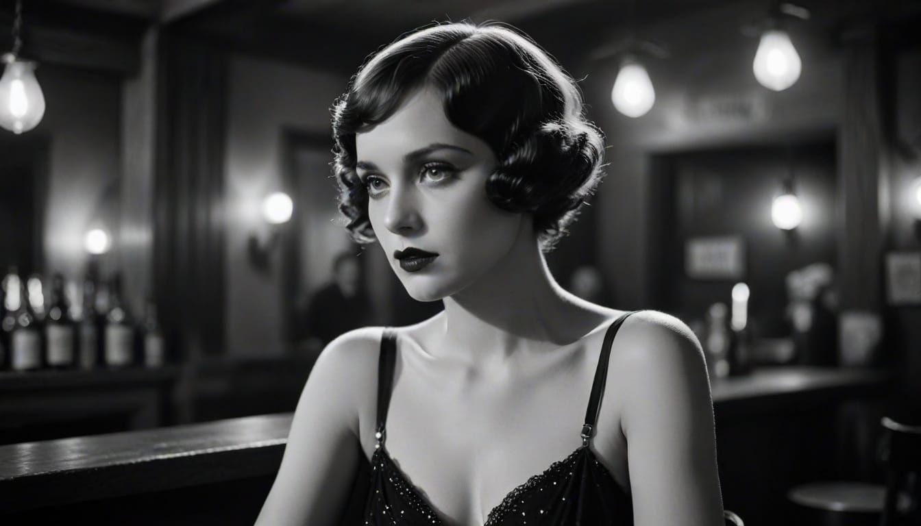 Scratched decaying film, ripped, dusty, faded colour. A 1920s flapper ...