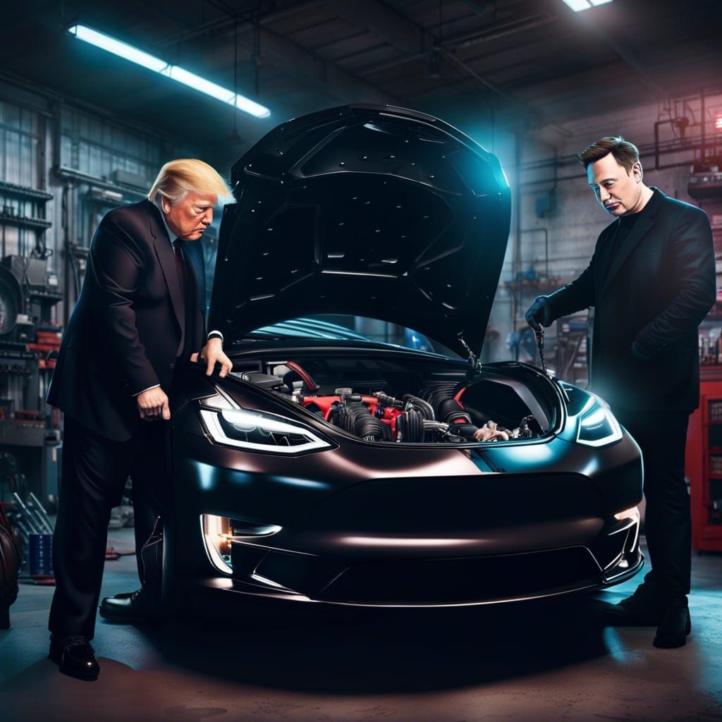 Musk and Trump repair a Tesla. - AI Generated Artwork - NightCafe Creator