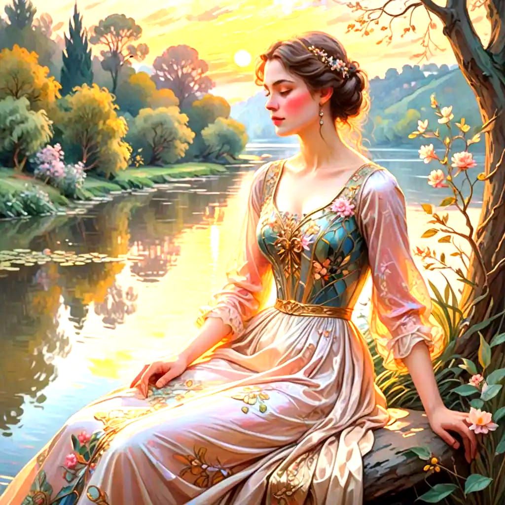 The image shows an elegant woman wearing a long, enchanting dress that ...