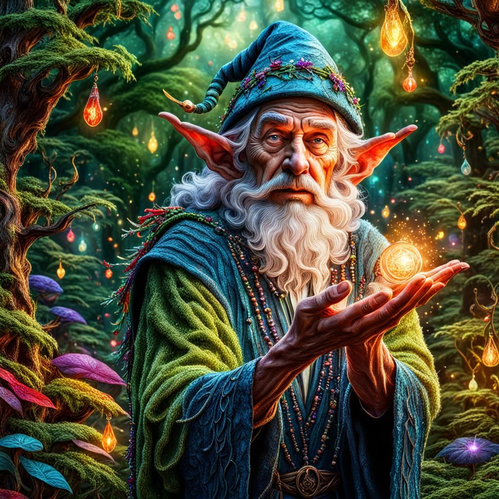 A wise old bearded elf stands amidst a lush and colorful enchanting ...