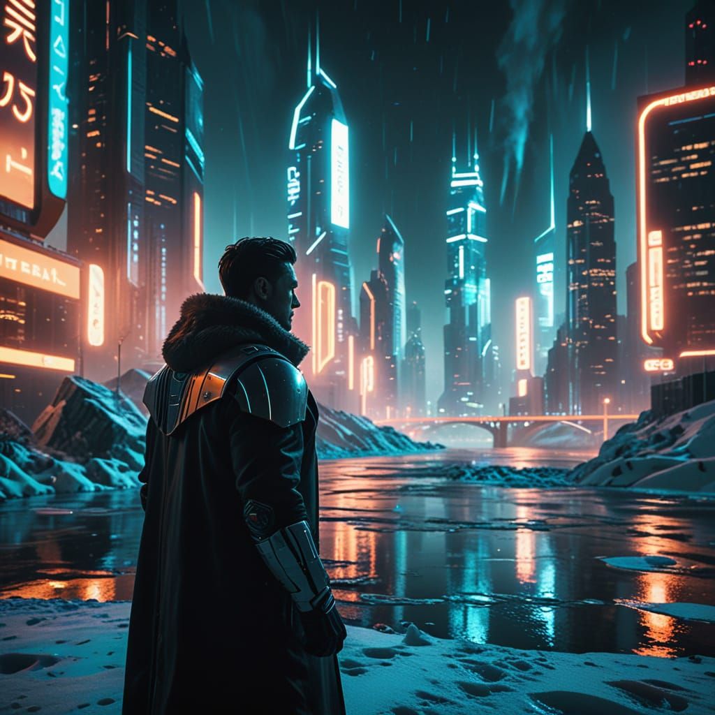 King surveys Hyperfuturistic Winter Metropolis in ... - AI Art