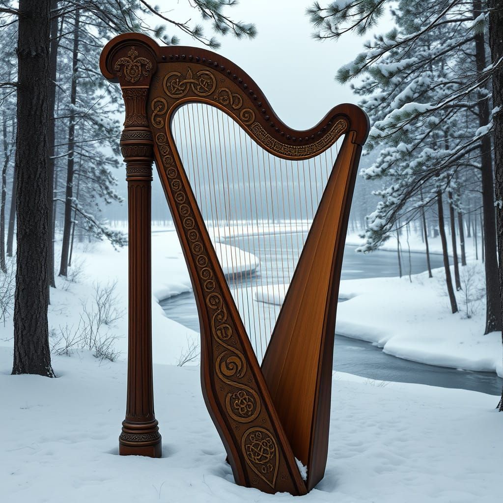 Hyperrealistic Ancient Irish Harp in a Winter Pine... - AI Art