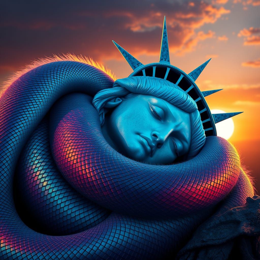 Surreal Fantasy Scene: Snake Encircles Asleep Stat... - AI Art