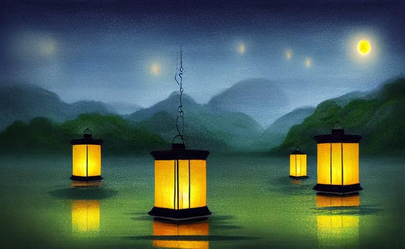 lanterns glowing gently amidst tranquil landscapes.visually captivating ...