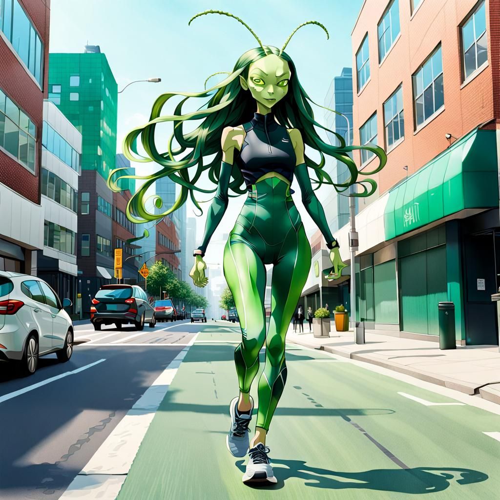 Anthropomorphic female mantis getting her morning exercise. - AI ...