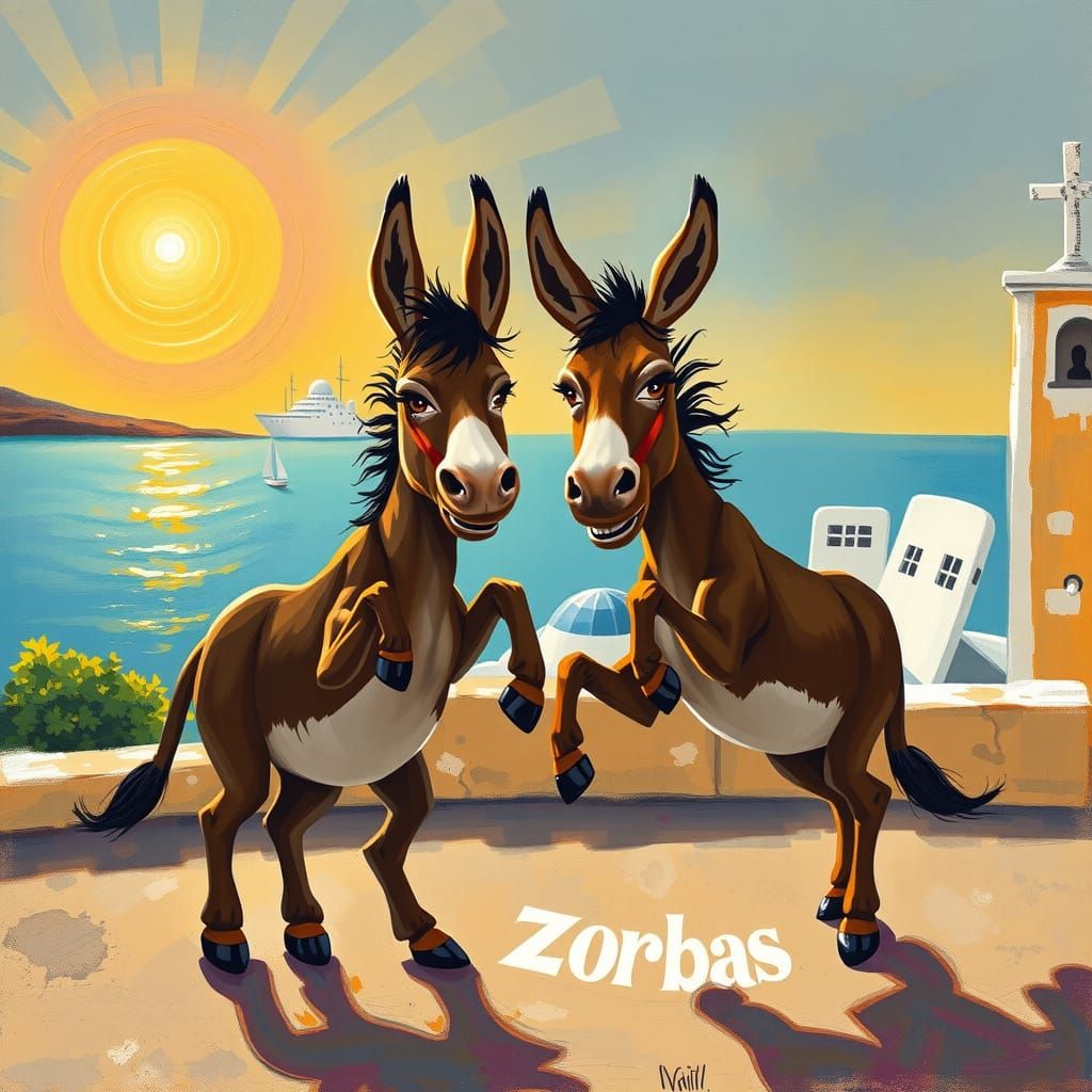 Greek Donkeys Dancing Zorbas in Vibrant, Whimsical... - AI Art