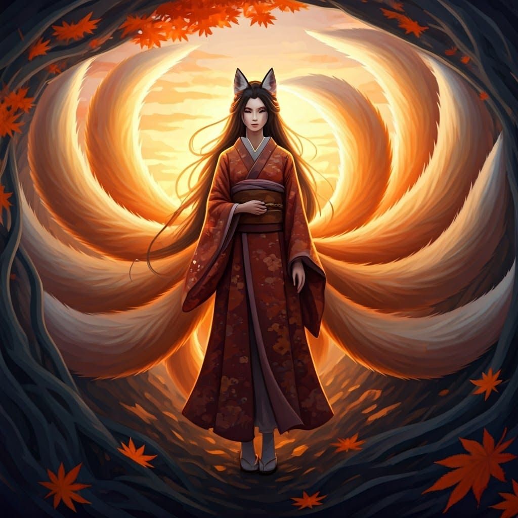 Kitsune - Majestic Kitsune Goddess in Autumnal Vortex