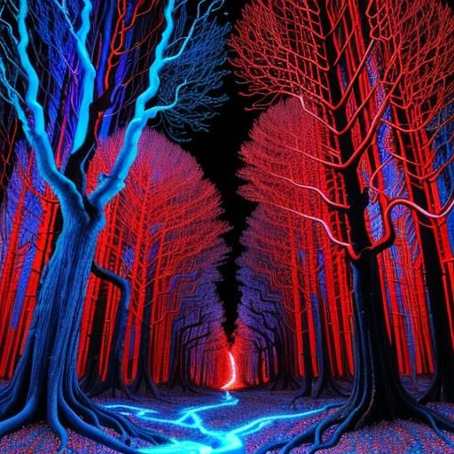 Dystopian nightmare of the mind. Old liquid metal forest landscape ...