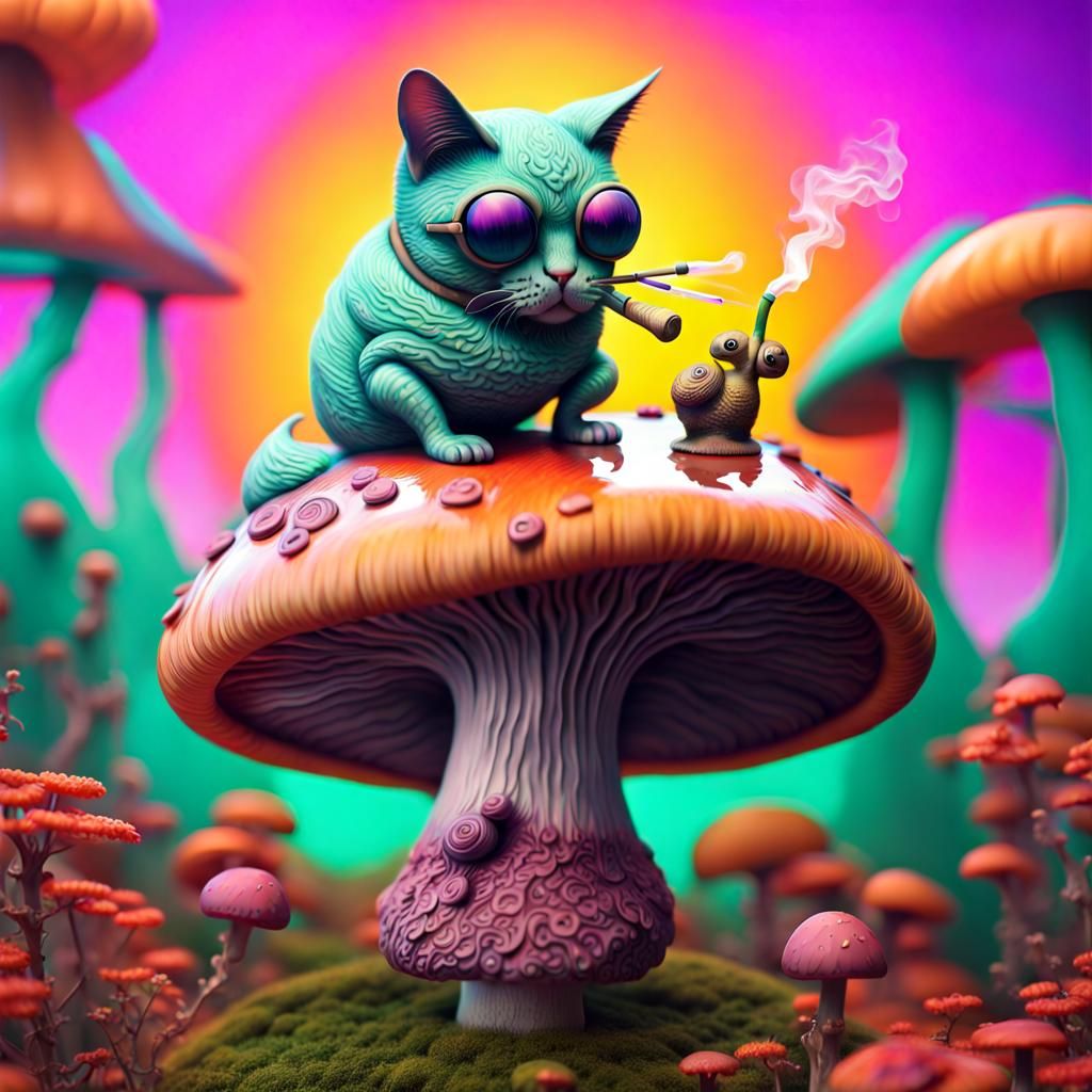 Psychedelic snail cat smoking opium on a giant mushroom, 3D, sharp ...