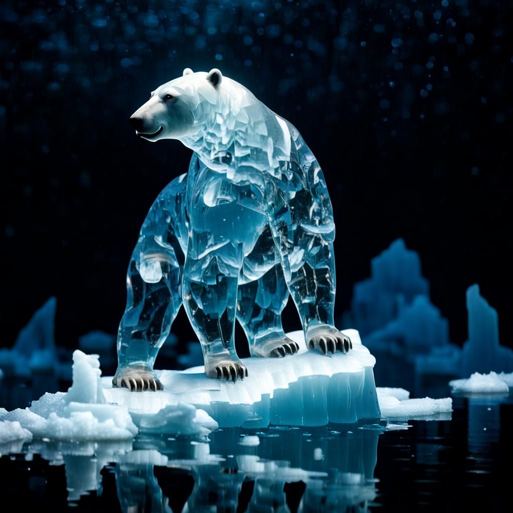 Epic ice sculpture of a polar bear, standing on a floating iceberg, in ...