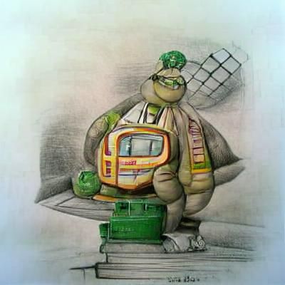A pencil drawing of a cartoon turtle dressed as a train engineer - AI ...