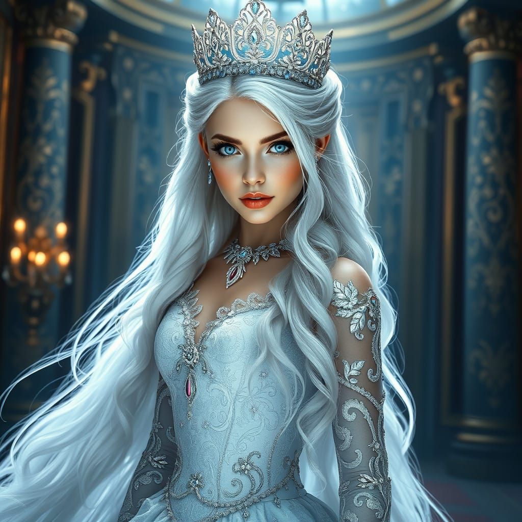 Regal Fantasy Princess in Majestic White Gown with... - AI Art