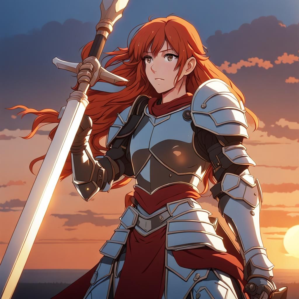 Female red haired Paladin in armor. Sun rising behind herStudio Ghibli ...