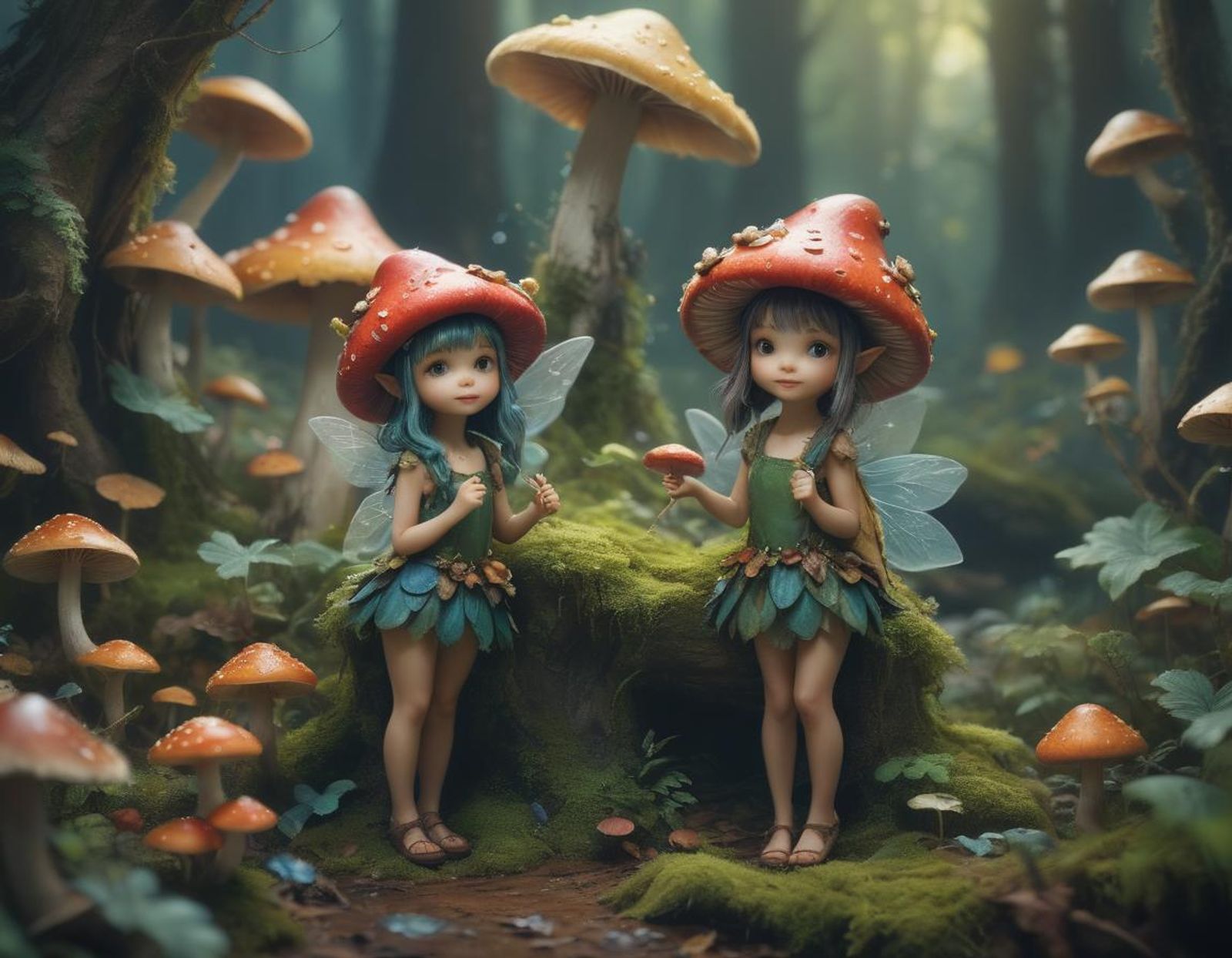 Macro photography a couple tiny fairies wearing mushroom hats. Bold ...