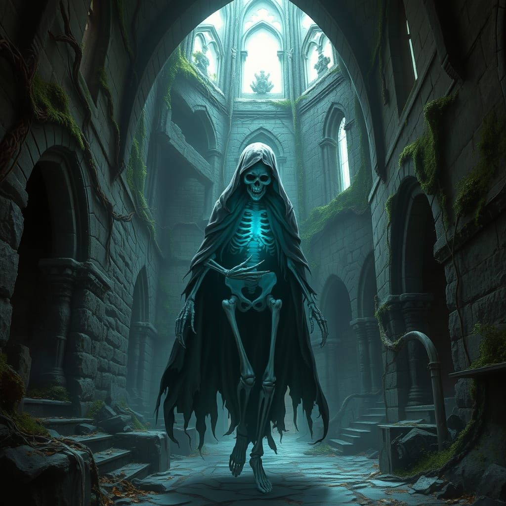 Skeletal Spirit Haunts a Ruined Medieval Castle in... - AI Art