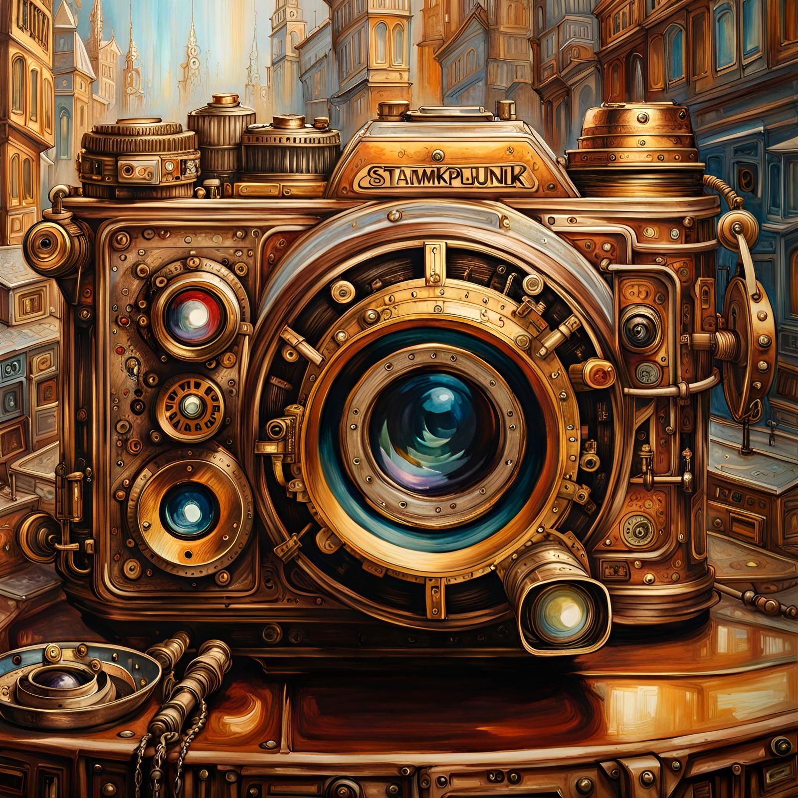 Draw a steampunk camera lens dynamic lighting retrofuturism ...