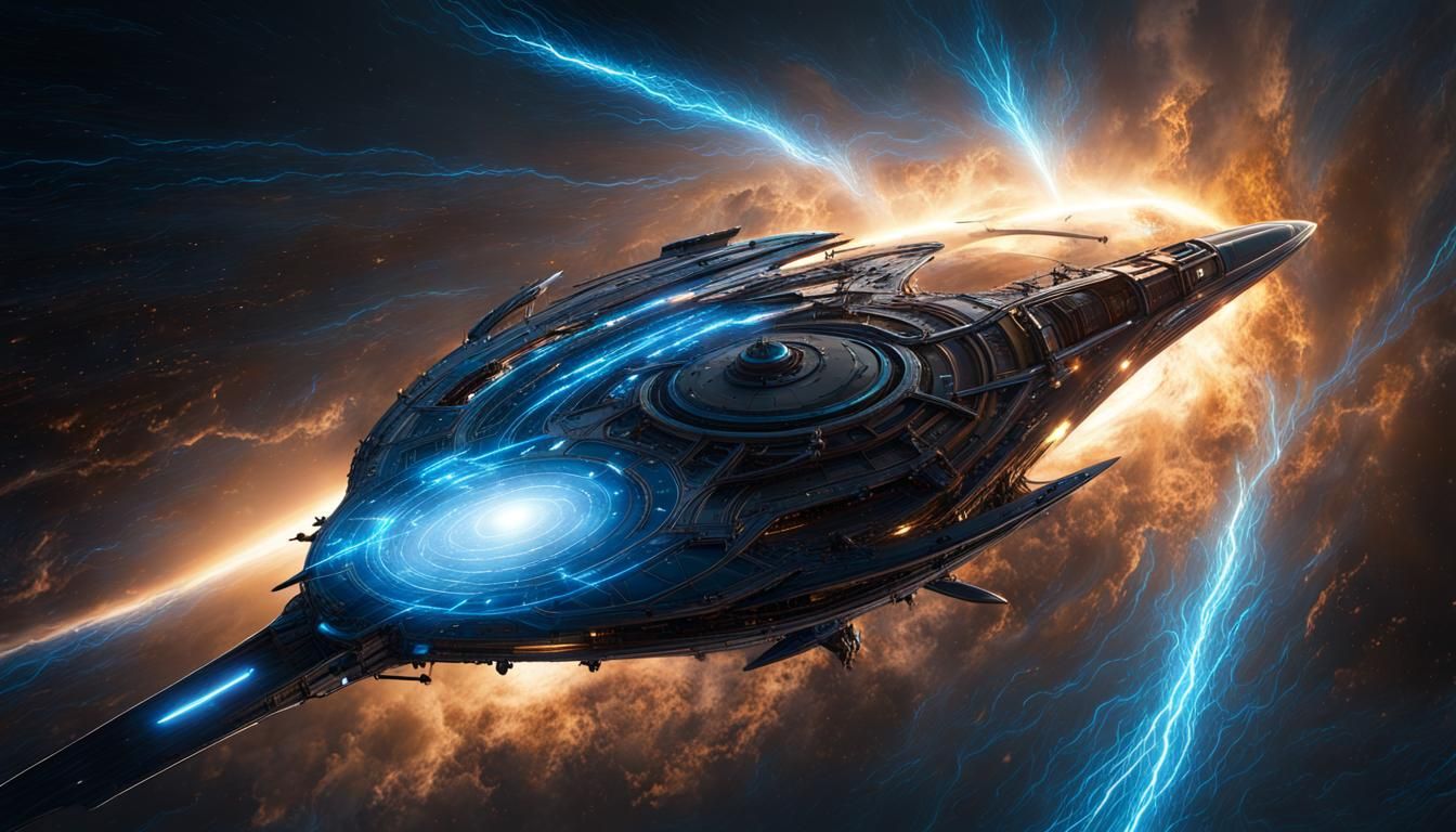 An alien starship traveling across the vastness of the cosmos to a ...