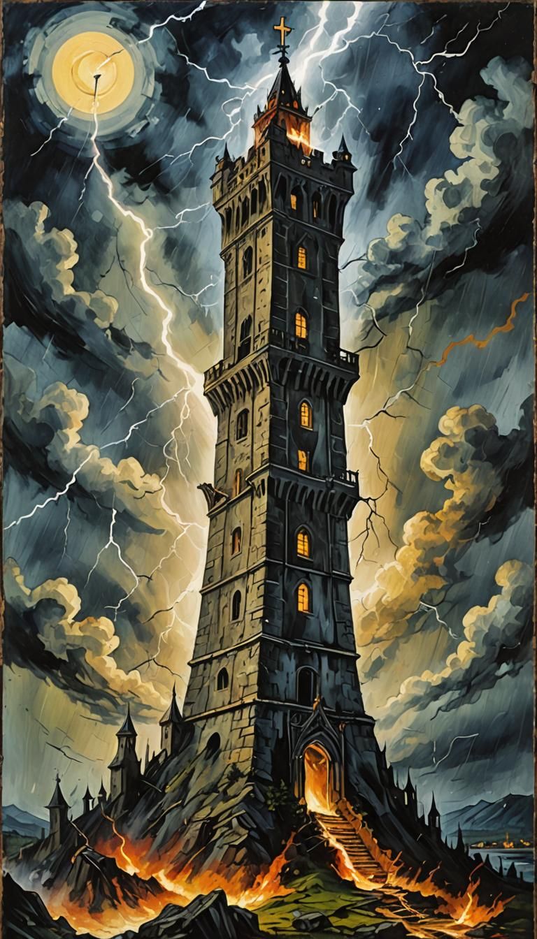 The Tower, tarot card, lightning, disaster, tarot card, grunge poster ...