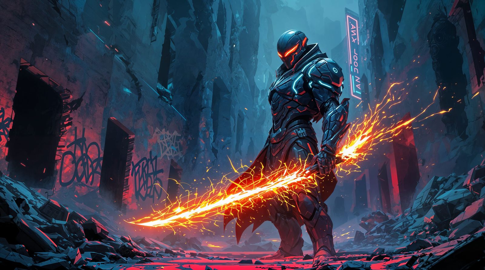 Neon Ruin Ronin - Futuristic Warrior in Neon Ruin