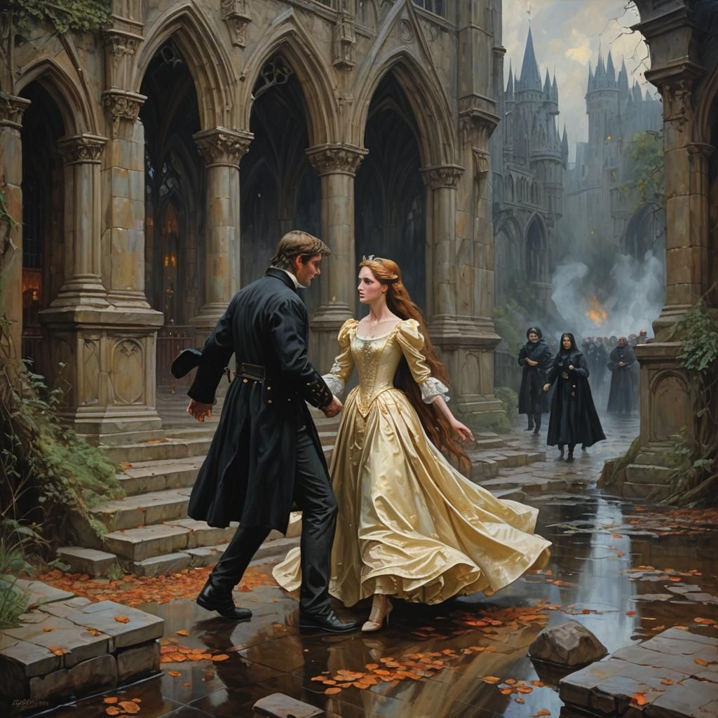 A man saving the princess gothic novel scene romantic dramatic moment ...