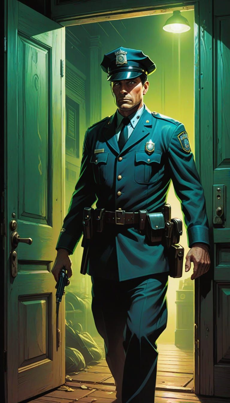 Rugged Cop Confronts Giant Alien Menace in Vintage... - AI Art