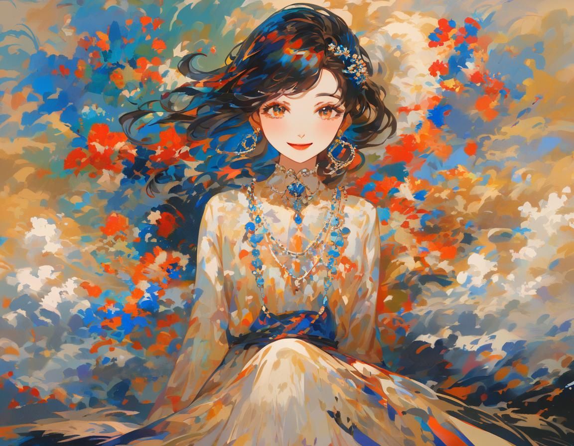 Anime with painterly triadic colors shading. She sports beige gown with ...
