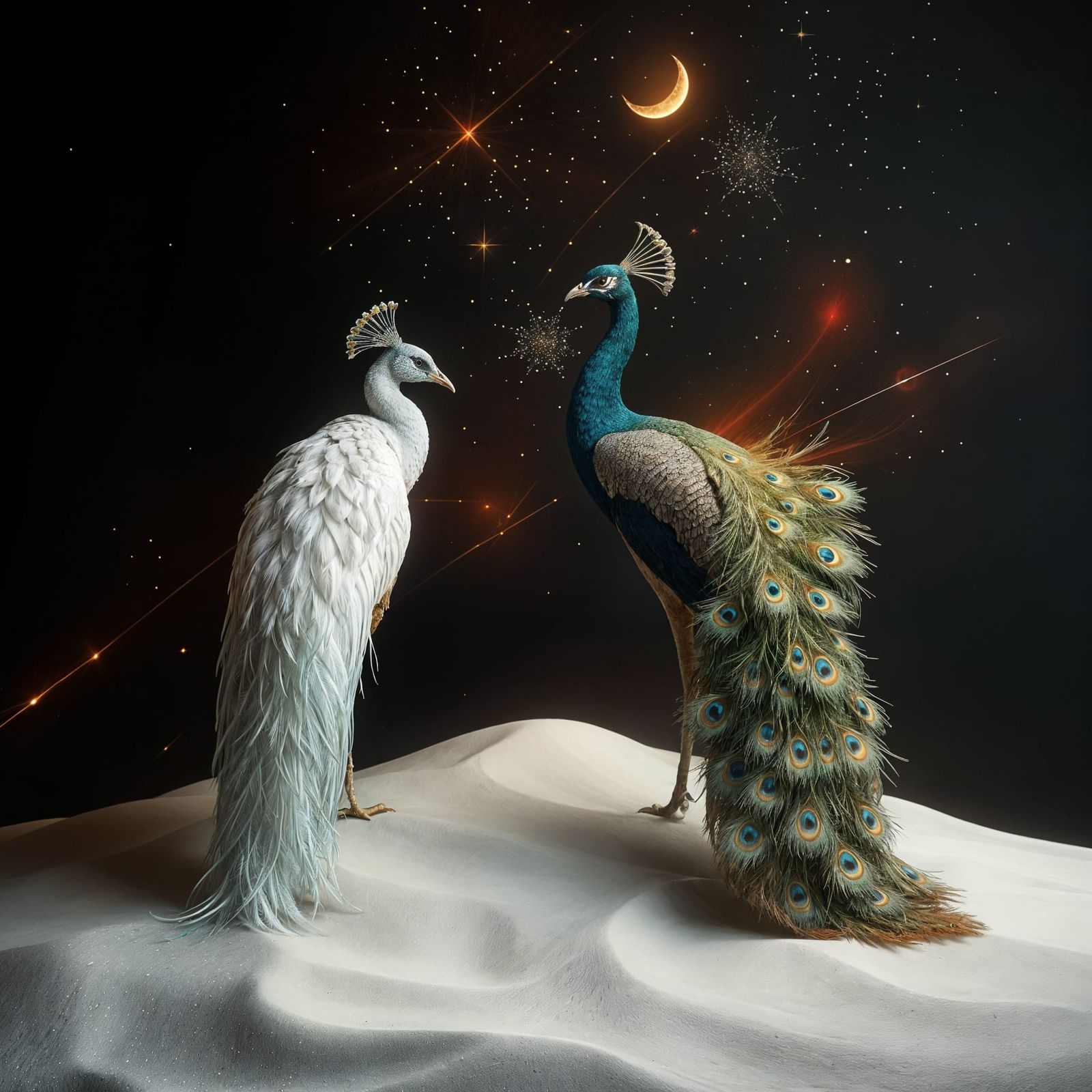 Luxurious Peacock Encounter Under Celestial Night - AI Art